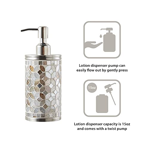 Madison Park Tesera Glass Bathroom Accessory Set, Stainless Steel Top, Handcrafted Mosaic Tiles, Vanity Décor, Lotion / Soap Dispenser with Pump, Tumbler, Covered Jar, Multi-Sizes, Silver/Gold 3 Piece