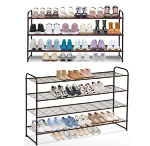 aooda 3-tier long shoe rack for closet stackable wide shoe shelf, 4 tier long metal shoe organizer for closet, 2 item bundle