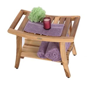 EcoDecors Harmony Teak Shower Bench Natural Wood Shower Bench with Shelf and LiftAide Arms 24" Shower Stool in Earthy Teak Finish