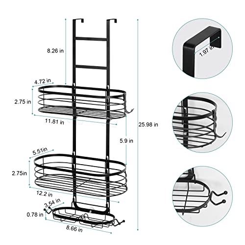 Fogein Over the Door Shower Caddy, 3 Tier Hanging Organizer Shelf Rustproof, Shower Basket with Suction Cup, Bathroom Shower Caddy Over The Door with Hook & Soap Box, No Drilling(Black)