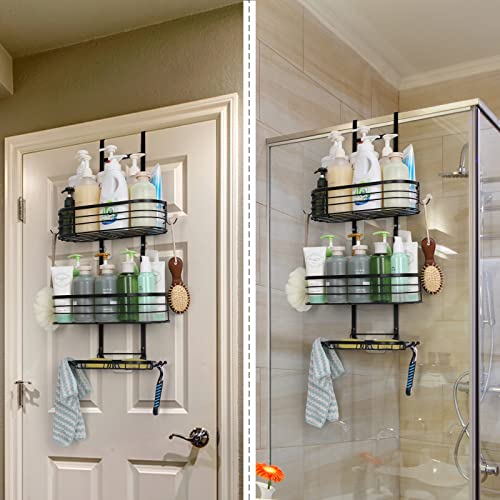 Fogein Over the Door Shower Caddy, 3 Tier Hanging Organizer Shelf Rustproof, Shower Basket with Suction Cup, Bathroom Shower Caddy Over The Door with Hook & Soap Box, No Drilling(Black)