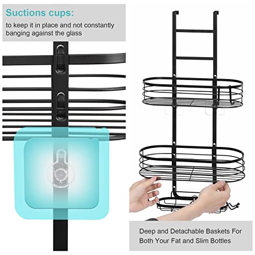 Fogein Over the Door Shower Caddy, 3 Tier Hanging Organizer Shelf Rustproof, Shower Basket with Suction Cup, Bathroom Shower Caddy Over The Door with Hook & Soap Box, No Drilling(Black)