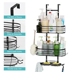 Fogein Over the Door Shower Caddy, 3 Tier Hanging Organizer Shelf Rustproof, Shower Basket with Suction Cup, Bathroom Shower Caddy Over The Door with Hook & Soap Box, No Drilling(Black)