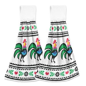 ourvii kitchen dish towel 2 pcs polish folk art roosters hand towel soft coral velvet ethnic hanging tie towels for bathroom fingertips towels super absorbent washcloth home decorative