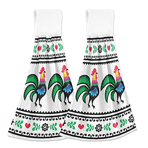 OURVII Kitchen Dish Towel 2 Pcs Polish Folk Art Roosters Hand Towel Soft Coral Velvet Ethnic Hanging Tie Towels for Bathroom Fingertips Towels Super Absorbent Washcloth Home Decorative