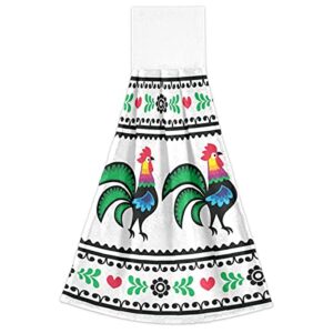 OURVII Kitchen Dish Towel 2 Pcs Polish Folk Art Roosters Hand Towel Soft Coral Velvet Ethnic Hanging Tie Towels for Bathroom Fingertips Towels Super Absorbent Washcloth Home Decorative