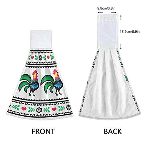 OURVII Kitchen Dish Towel 2 Pcs Polish Folk Art Roosters Hand Towel Soft Coral Velvet Ethnic Hanging Tie Towels for Bathroom Fingertips Towels Super Absorbent Washcloth Home Decorative