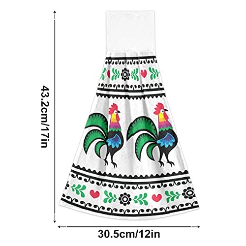 OURVII Kitchen Dish Towel 2 Pcs Polish Folk Art Roosters Hand Towel Soft Coral Velvet Ethnic Hanging Tie Towels for Bathroom Fingertips Towels Super Absorbent Washcloth Home Decorative