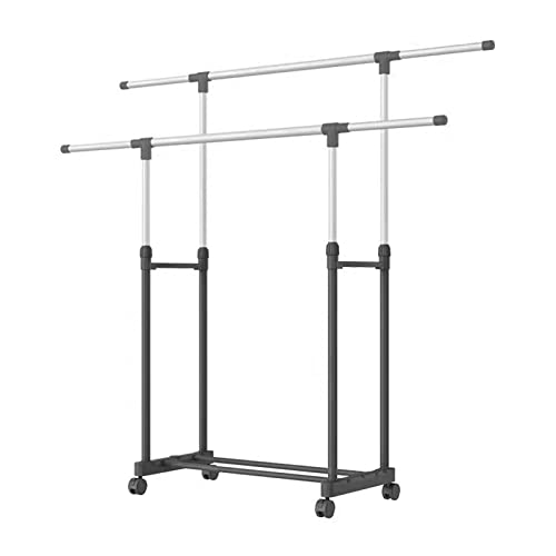 Double Rod Portable Clothing Hanging Garment Rack, Rolling Clothes Organizer, Height Adjustable Clothing Hanger Organizer with Lockable Wheels, for Hanging Clothes