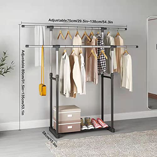 Double Rod Portable Clothing Hanging Garment Rack, Rolling Clothes Organizer, Height Adjustable Clothing Hanger Organizer with Lockable Wheels, for Hanging Clothes