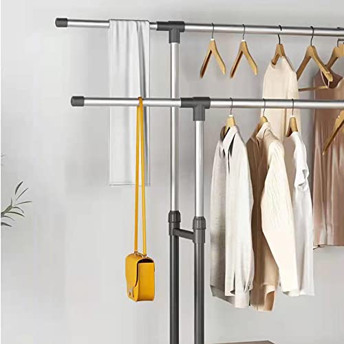 Double Rod Portable Clothing Hanging Garment Rack, Rolling Clothes Organizer, Height Adjustable Clothing Hanger Organizer with Lockable Wheels, for Hanging Clothes