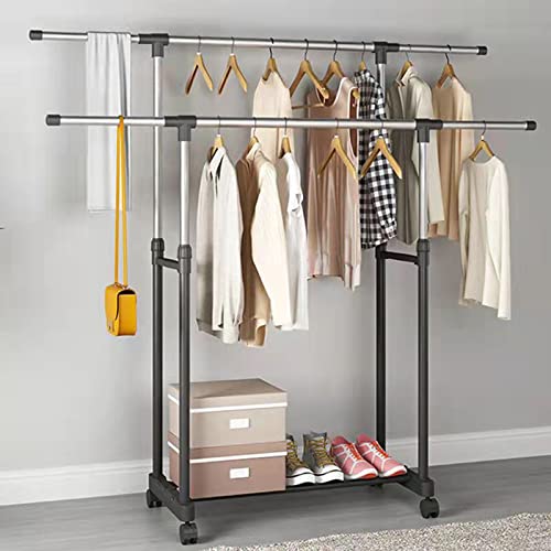 Double Rod Portable Clothing Hanging Garment Rack, Rolling Clothes Organizer, Height Adjustable Clothing Hanger Organizer with Lockable Wheels, for Hanging Clothes