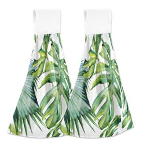 green palm leaves tropical leaf jungle hanging kitchen towel 2 pcs hand towel tie towels set absorbent dish cloths tea bar towels for bathroom laundry room decor