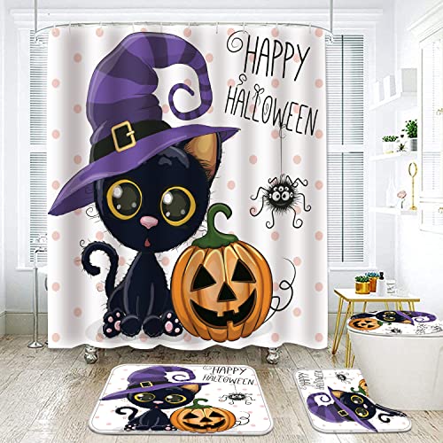 RLHHUG Cute Shower Curtain Set for Bathroom Decor, Pumpkin Cat Curtains 72×72 Inch with Absorbent Bath Mat, Washable Durable Decorative Plastic Curtain with Hooks, Toilet Contour Mat and Lid Cover