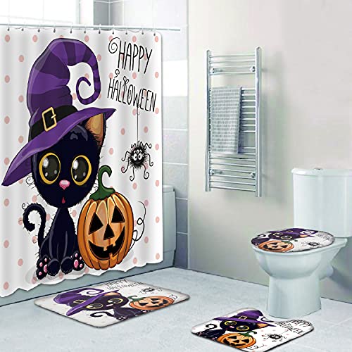 RLHHUG Cute Shower Curtain Set for Bathroom Decor, Pumpkin Cat Curtains 72×72 Inch with Absorbent Bath Mat, Washable Durable Decorative Plastic Curtain with Hooks, Toilet Contour Mat and Lid Cover