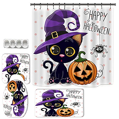 RLHHUG Cute Shower Curtain Set for Bathroom Decor, Pumpkin Cat Curtains 72×72 Inch with Absorbent Bath Mat, Washable Durable Decorative Plastic Curtain with Hooks, Toilet Contour Mat and Lid Cover