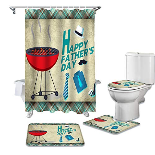 4 Pcs Bathroom Shower Curtains Sets With Rugs, Happy Father's Day, Luxury Toilet Lid Cover, Bath Mat，Waterproof Fabric Shower Curtain with 12 Hooks For Hotel/Bathroom BBQ Plaid Check Green