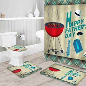 4 Pcs Bathroom Shower Curtains Sets With Rugs, Happy Father's Day, Luxury Toilet Lid Cover, Bath Mat，Waterproof Fabric Shower Curtain with 12 Hooks For Hotel/Bathroom BBQ Plaid Check Green