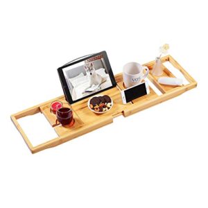 vaefae bamboo bathtub caddy tray, expandable bath tray for tub with upgraded wine slots and book holder - ideal for one or two person use