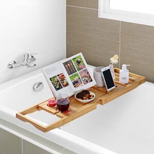 VaeFae Bamboo Bathtub Caddy Tray, Expandable Bath Tray for Tub with Upgraded Wine Slots and Book Holder - Ideal for One or Two Person Use