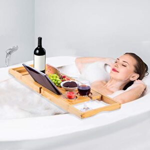 VaeFae Bamboo Bathtub Caddy Tray, Expandable Bath Tray for Tub with Upgraded Wine Slots and Book Holder - Ideal for One or Two Person Use