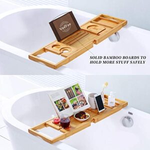 VaeFae Bamboo Bathtub Caddy Tray, Expandable Bath Tray for Tub with Upgraded Wine Slots and Book Holder - Ideal for One or Two Person Use