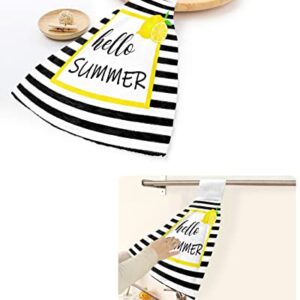 Ldtrchee Hello Summer Lemon Yellow Lace Hand Towel with Hanging Loop, Black White Stripes Fruit Hanging Tie Towels Set 1 Pcs, Kitchen Absorbent Towel for Bathroom Tea Bar Laundry