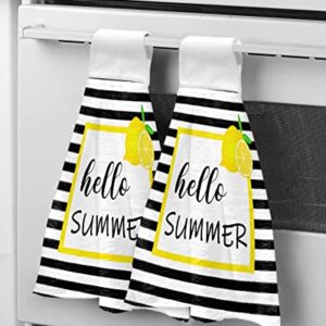 Ldtrchee Hello Summer Lemon Yellow Lace Hand Towel with Hanging Loop, Black White Stripes Fruit Hanging Tie Towels Set 1 Pcs, Kitchen Absorbent Towel for Bathroom Tea Bar Laundry