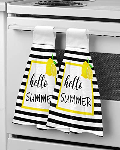 Ldtrchee Hello Summer Lemon Yellow Lace Hand Towel with Hanging Loop, Black White Stripes Fruit Hanging Tie Towels Set 1 Pcs, Kitchen Absorbent Towel for Bathroom Tea Bar Laundry