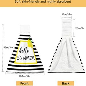 Ldtrchee Hello Summer Lemon Yellow Lace Hand Towel with Hanging Loop, Black White Stripes Fruit Hanging Tie Towels Set 1 Pcs, Kitchen Absorbent Towel for Bathroom Tea Bar Laundry