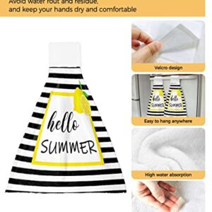 Ldtrchee Hello Summer Lemon Yellow Lace Hand Towel with Hanging Loop, Black White Stripes Fruit Hanging Tie Towels Set 1 Pcs, Kitchen Absorbent Towel for Bathroom Tea Bar Laundry