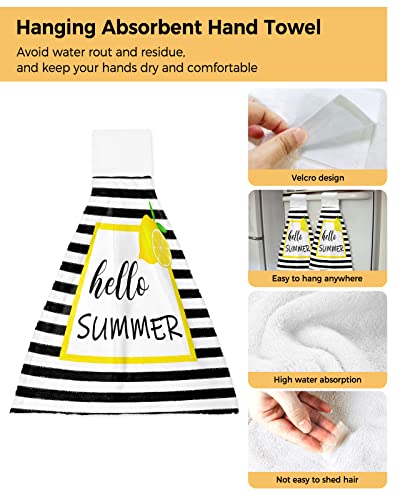 Ldtrchee Hello Summer Lemon Yellow Lace Hand Towel with Hanging Loop, Black White Stripes Fruit Hanging Tie Towels Set 1 Pcs, Kitchen Absorbent Towel for Bathroom Tea Bar Laundry