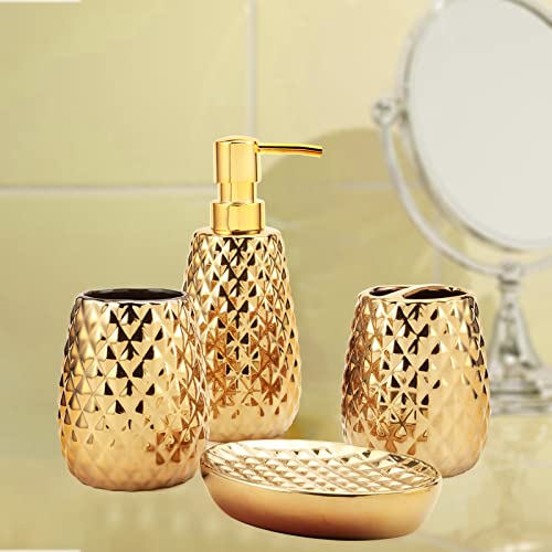 Ceramic Bathroom Accessories Set 4 Piece Contain Toothbrush Holder, Tumbler, Soap Dispenser, Soap Dish, Accessories para baño for Restroom Apartment Bathroom Decor Stuff and Gift Set （Gold）