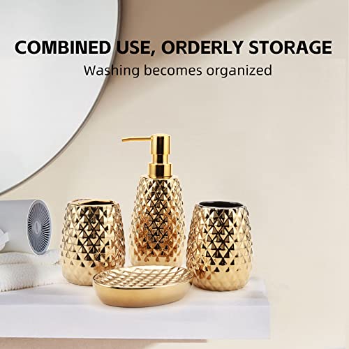 Ceramic Bathroom Accessories Set 4 Piece Contain Toothbrush Holder, Tumbler, Soap Dispenser, Soap Dish, Accessories para baño for Restroom Apartment Bathroom Decor Stuff and Gift Set （Gold）