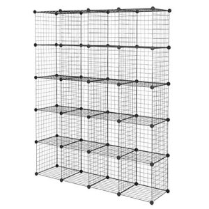 20pcs Cube Storage Organizer, DIY Cube Closet Wardrobe Shelving,Wire Cube Grid Bookshelf, Modular Metal Show Case Rack, Black