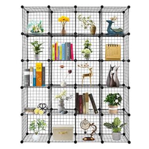 20pcs Cube Storage Organizer, DIY Cube Closet Wardrobe Shelving,Wire Cube Grid Bookshelf, Modular Metal Show Case Rack, Black