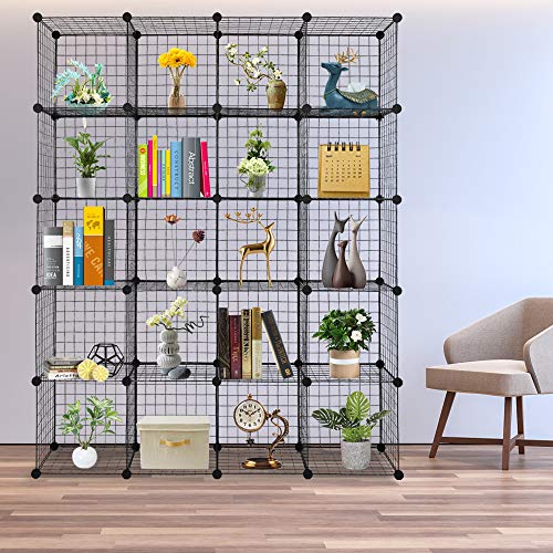 20pcs Cube Storage Organizer, DIY Cube Closet Wardrobe Shelving,Wire Cube Grid Bookshelf, Modular Metal Show Case Rack, Black