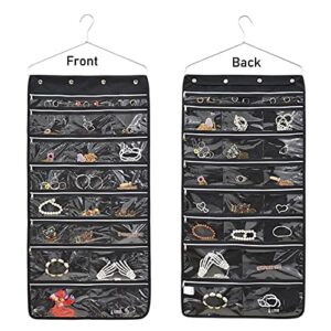 dual-sided hanging jewelry organizer with 44 zippered pockets and hanger oxford cloth necklace storage bag large capacity wall mount bracelet earring ring holder for closet storage (color : black)