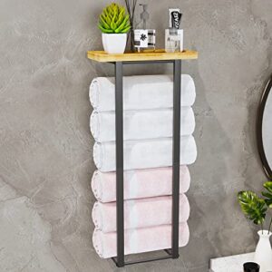 towel racks for bathroom, towel rack holder wall mounted towel storage, homeiju metal towel holder with bamboo shelf, wall towel storage rack shelf for rolled towels, black