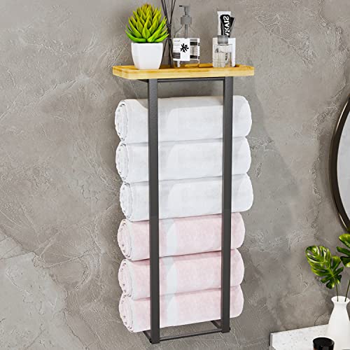 Towel Racks for Bathroom, Towel Rack Holder Wall Mounted Towel Storage, Homeiju Metal Towel Holder with Bamboo Shelf, Wall Towel Storage Rack Shelf for Rolled Towels, Black