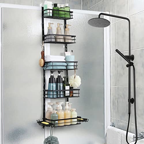 Over the Door Shower Caddy, 5-Tier Adjustable Hanging Shower Organizer Rustproof Metal Bathroom Storage Shelf Shower Basket with Soap Holder & Suction Cup for Shampoo, Conditioner