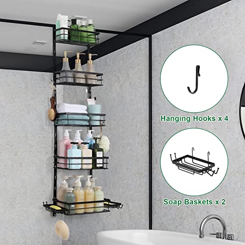 Over the Door Shower Caddy, 5-Tier Adjustable Hanging Shower Organizer Rustproof Metal Bathroom Storage Shelf Shower Basket with Soap Holder & Suction Cup for Shampoo, Conditioner