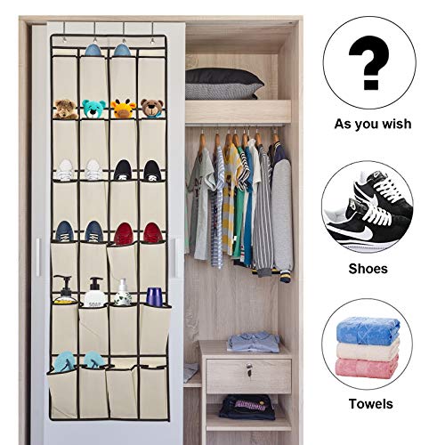 LAIGOO Over the Door Shoe Organizer, Hanging Shoe organizer with 24 Large Fabric Pockets, with 4 Hooks Shoe Storage Rack Organizer for Closet Bedroom Bathroom Pantry（60 x 20 inch, Beige