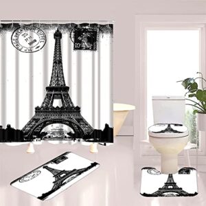 amagical frech paris eiffel tower city of love 16 piece bathroom mat set shower curtain set black and white bath mat contour mat toilet cover waterproof shower curtian 12 hooks