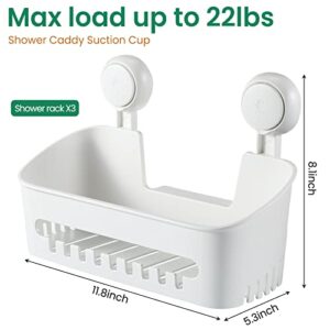 3 Pcs Shower Caddy Suction Cup Wall Shelf Shower Basket Storage Organizer No Drilling One Second Installation Removable Powerful Shower Caddy Waterproof Shower Storage for Bathroom and Kitchen, White