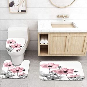 merchr unique floral pink bath mat set, pink and grey daisy flower elegant wildflower design farmhouse bath rugs, contour mat and toilet lid cover for bathroom