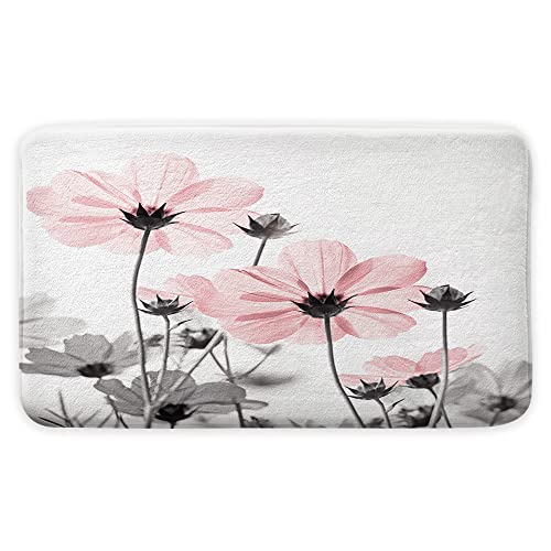 MERCHR Unique Floral Pink Bath Mat Set, Pink and Grey Daisy Flower Elegant Wildflower Design Farmhouse Bath Rugs, Contour Mat and Toilet Lid Cover for Bathroom