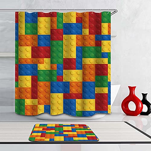 ENCOFT 2 Pcs Lego Shower Curtain with Non-Slip Bathroom Rug,Kid Funny Waterproof Shower Curtain Sets with Bath Mat and 12 Hooks