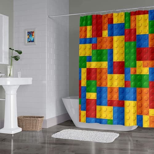 ENCOFT 2 Pcs Lego Shower Curtain with Non-Slip Bathroom Rug,Kid Funny Waterproof Shower Curtain Sets with Bath Mat and 12 Hooks