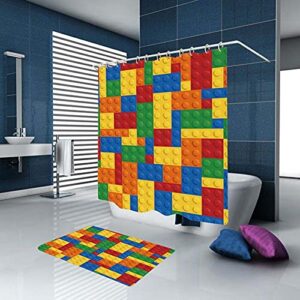 ENCOFT 2 Pcs Lego Shower Curtain with Non-Slip Bathroom Rug,Kid Funny Waterproof Shower Curtain Sets with Bath Mat and 12 Hooks